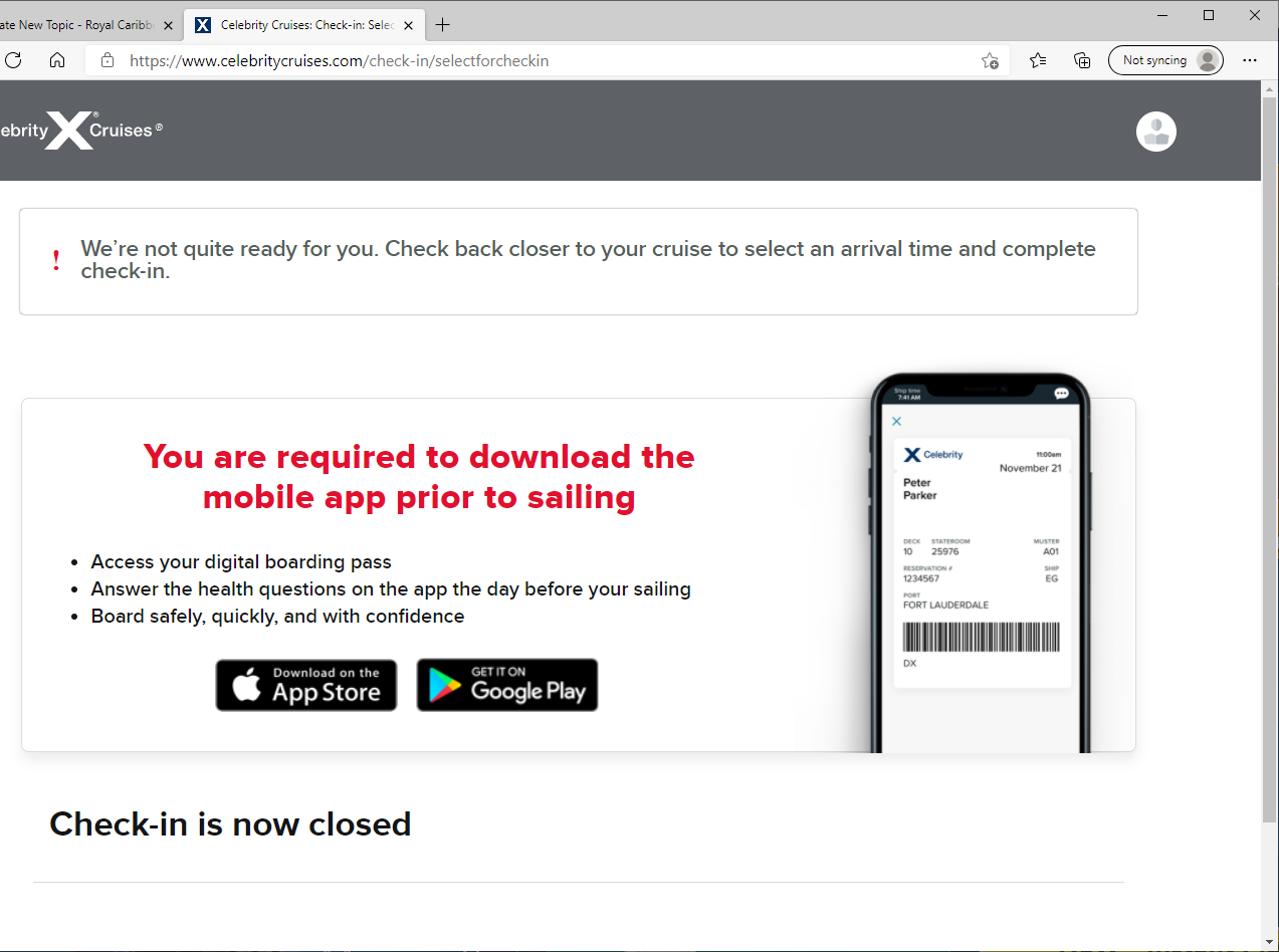 When will check in be available for my June Celebrity Millennium cruise ...