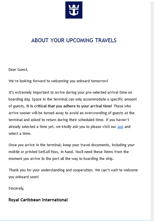 Communication Examples Prior to Boarding - Royal Caribbean Discussion ...