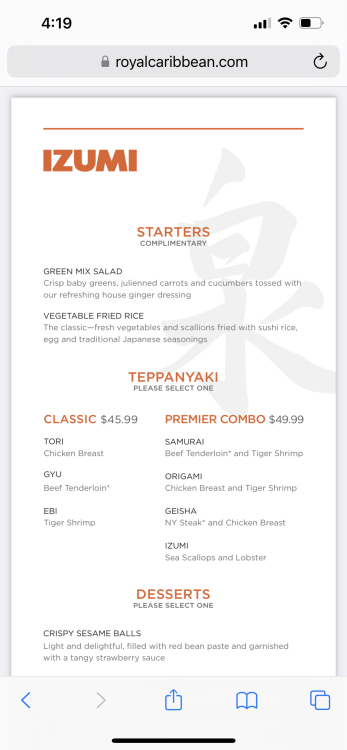 Sample menu pricing vs booking pricing - Royal Caribbean Dining - Royal ...