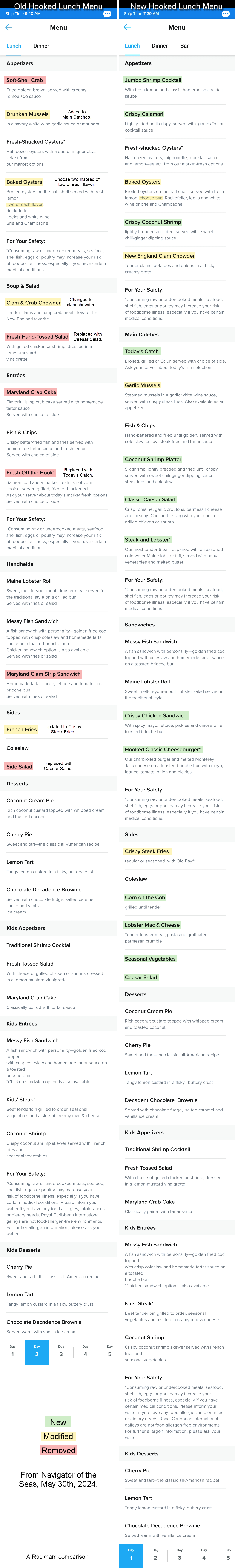 Hooked Dinner Menu Changed - Royal Caribbean Dining - Royal Caribbean Blog