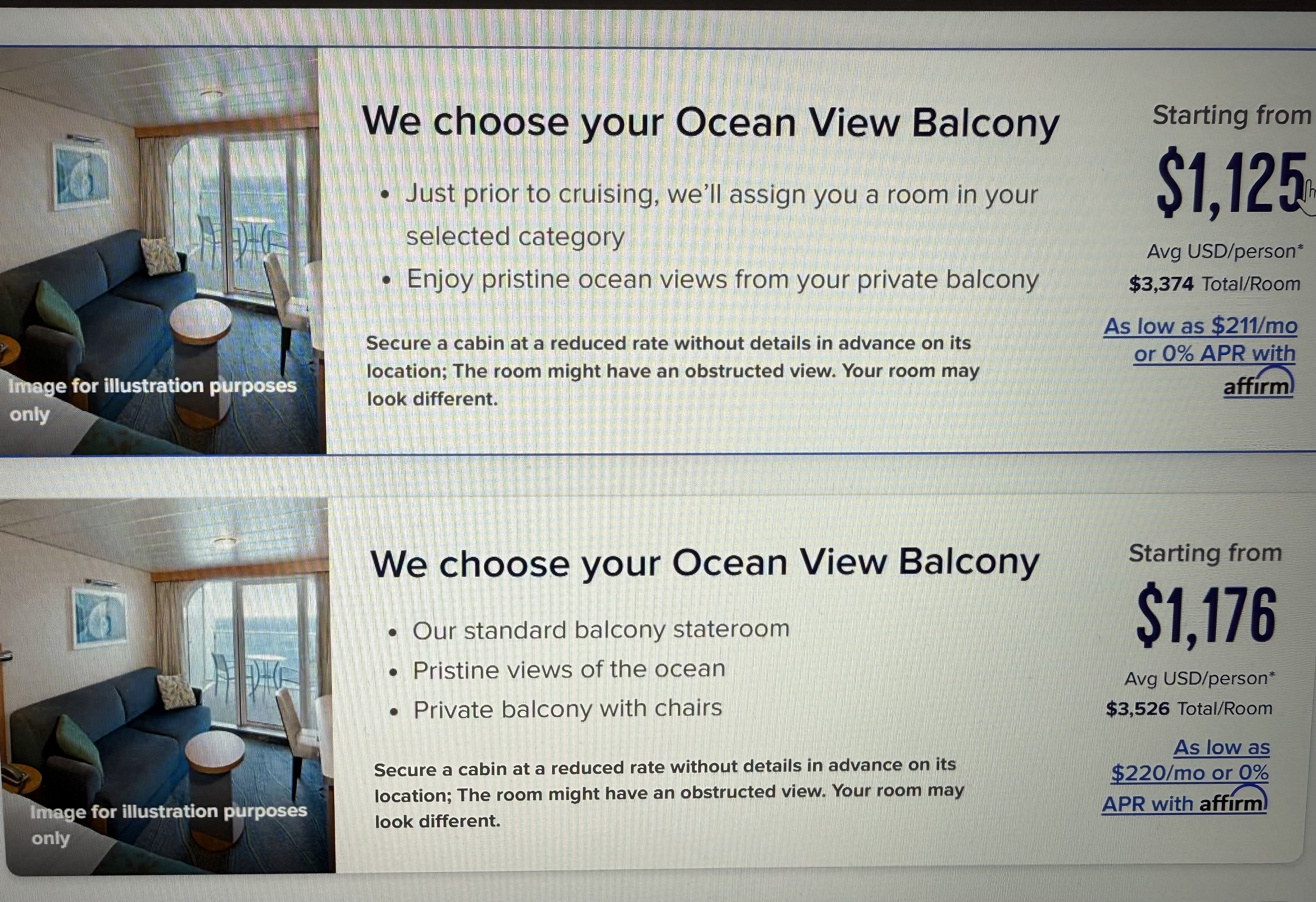 Two “we choose you ocean view balcony” options on Oasis of the Seas ...